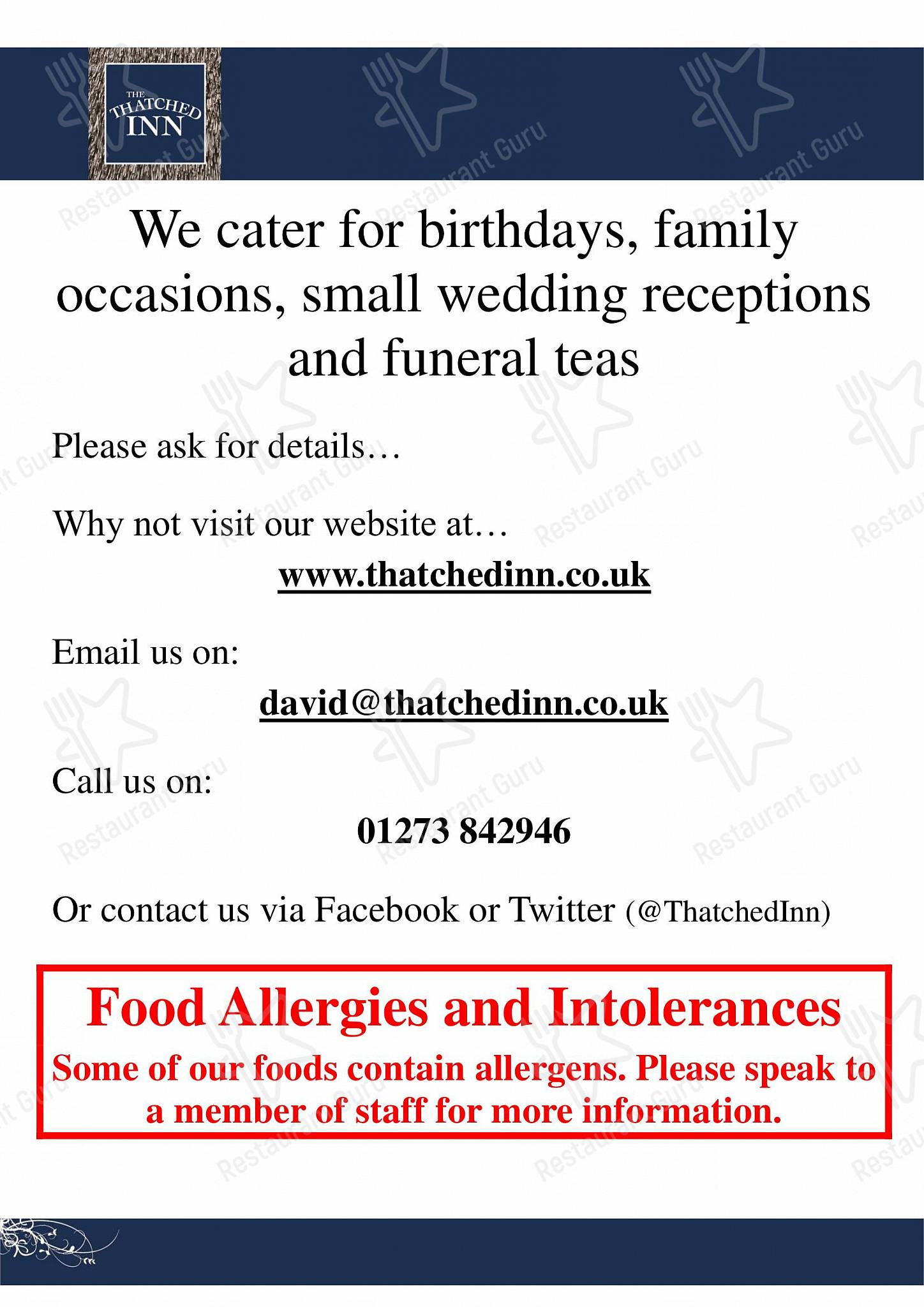 Menu at The Thatched Inn pub & bar, Hassocks
