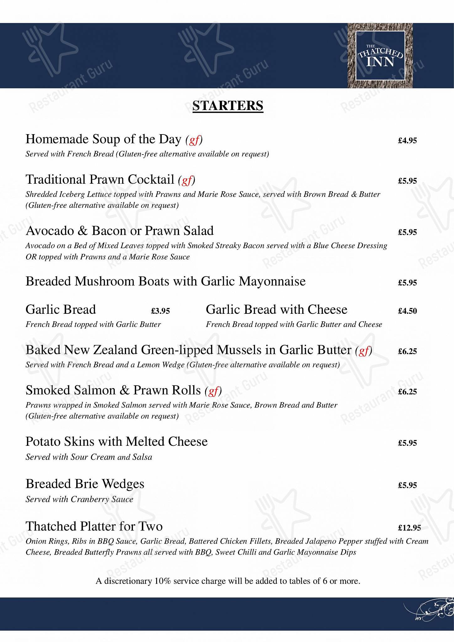 Menu at The Thatched Inn pub & bar, Hassocks