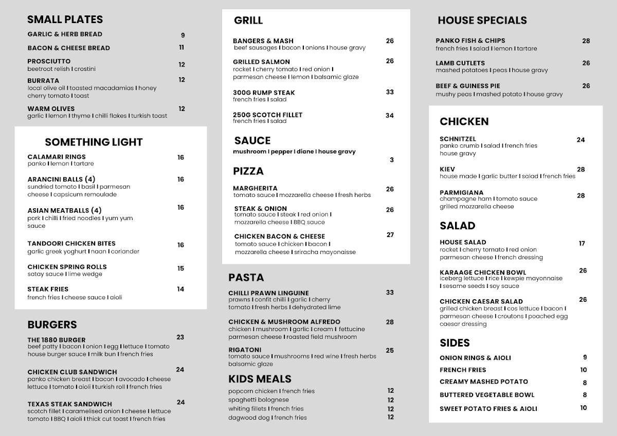 Menu at The 1880 Tavern pub & bar, Bathurst