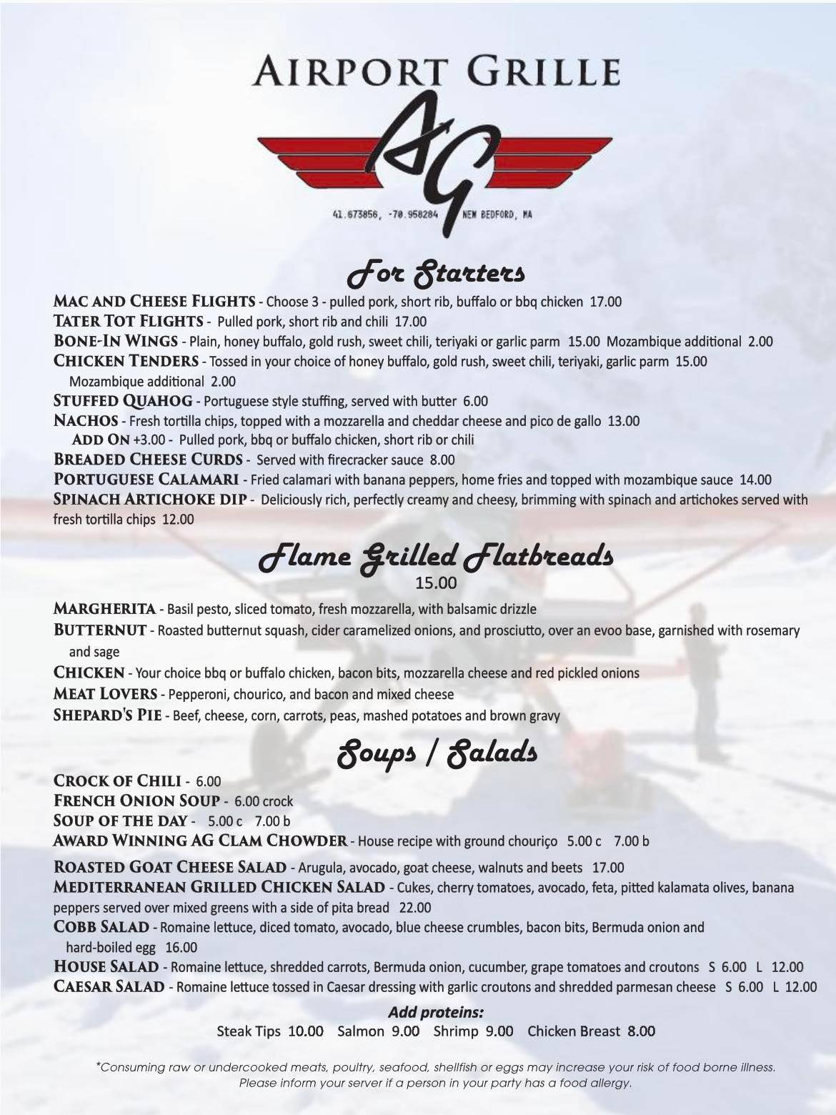 Menu at The Airport Grille restaurant, New Bedford, Airport Road