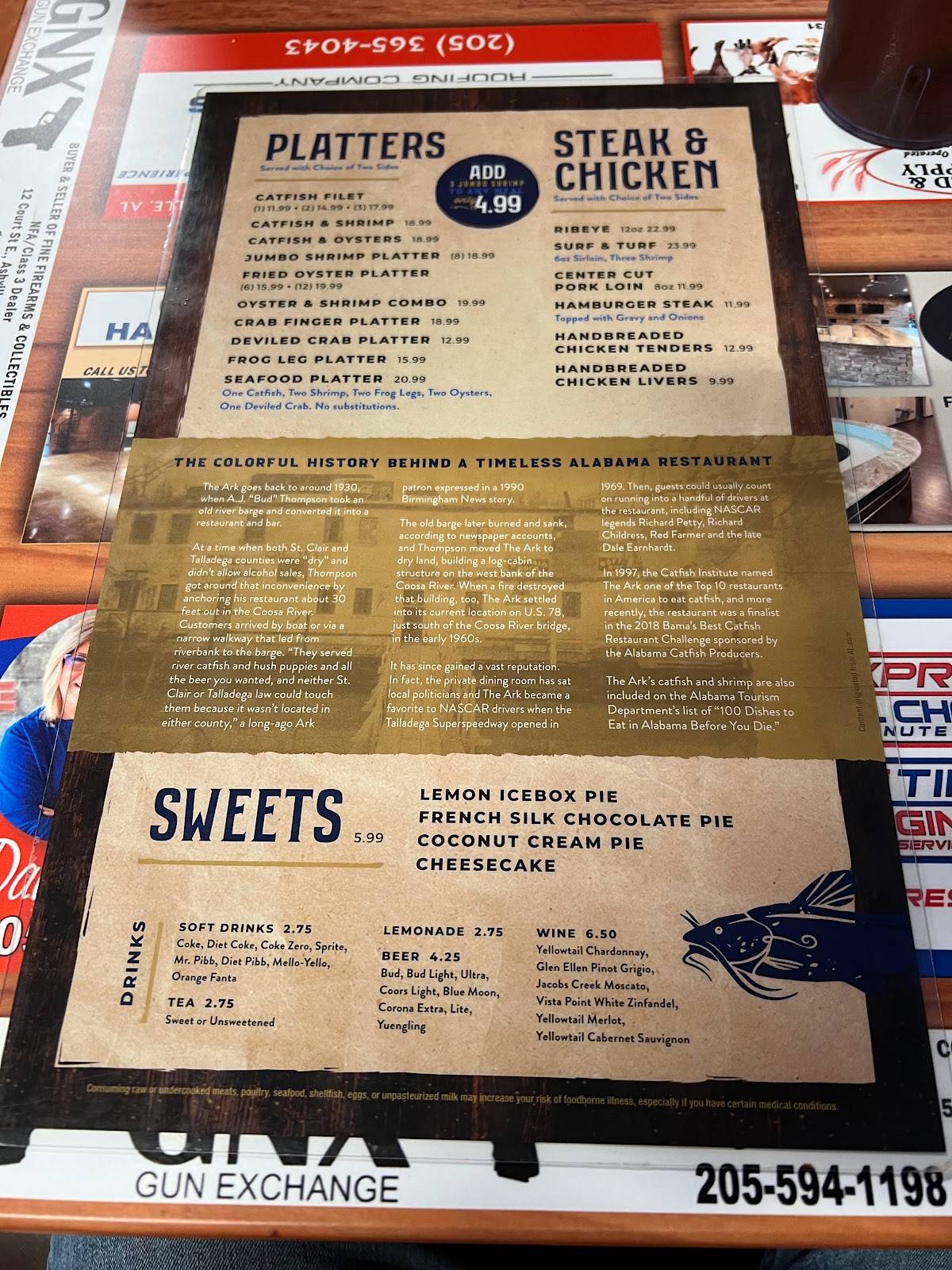 Menu at The Ark restaurant, Riverside, US-78