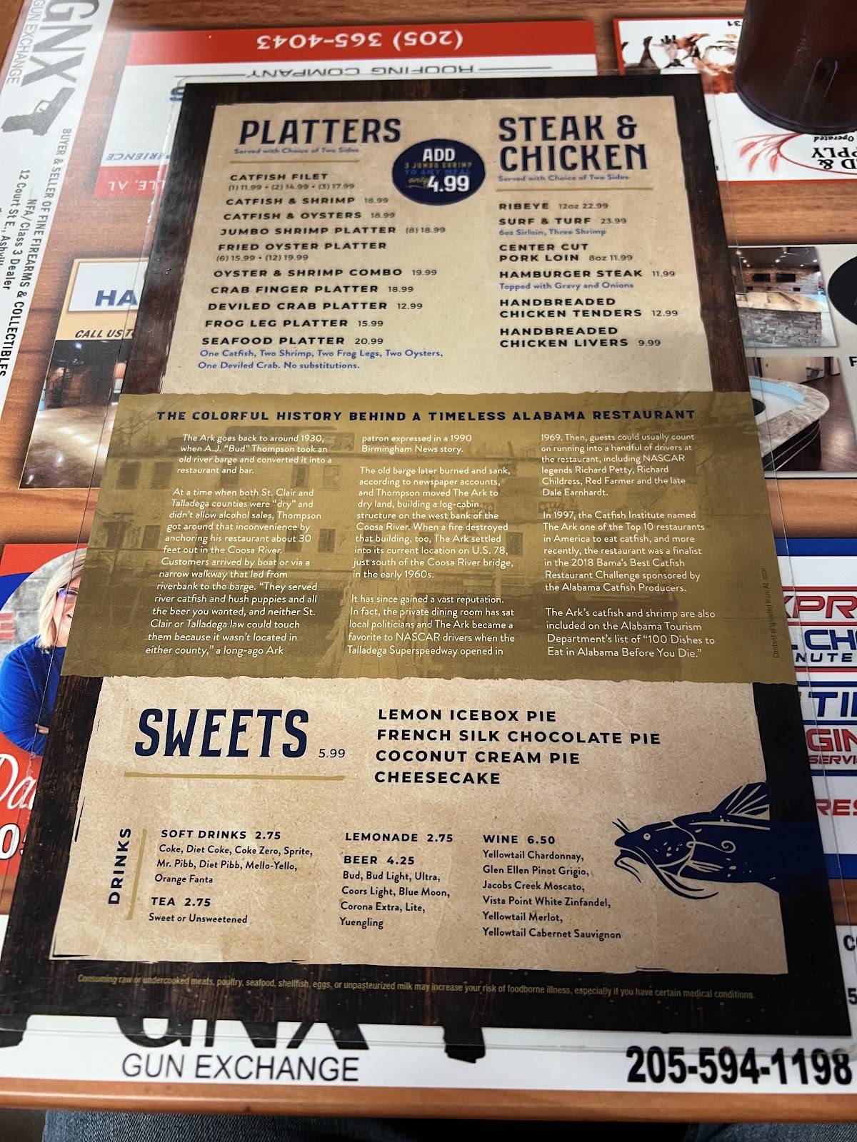 Menu at The Ark restaurant, Riverside, US-78