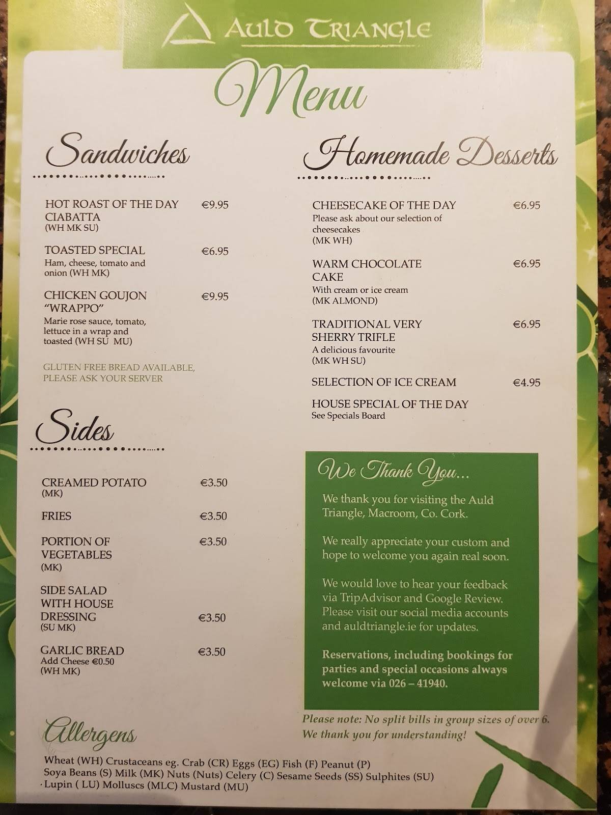 Menu at The Auld Triangle pub & bar, Macroom