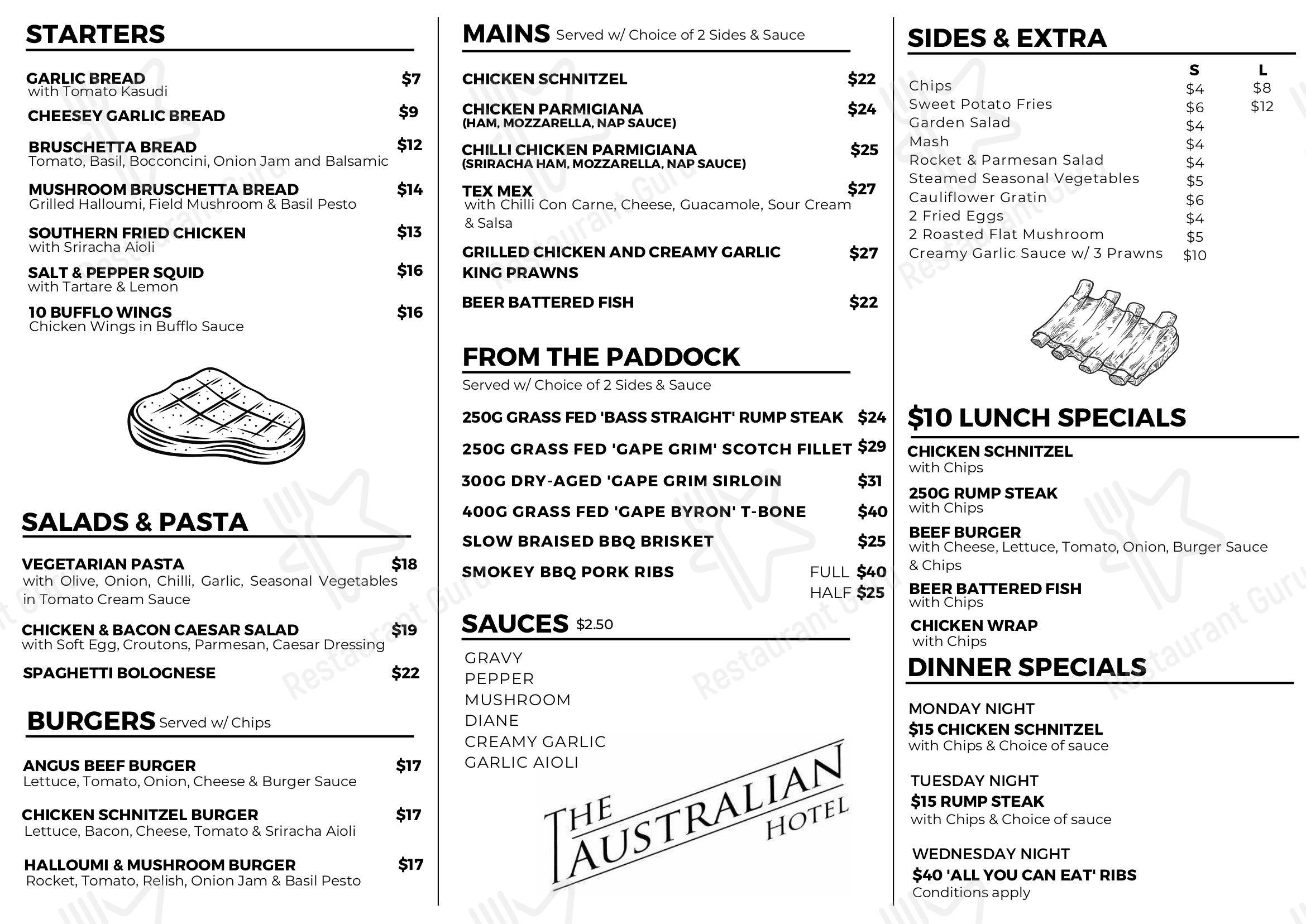 Menu at The Aussie Steak House steakhouse, Nowra