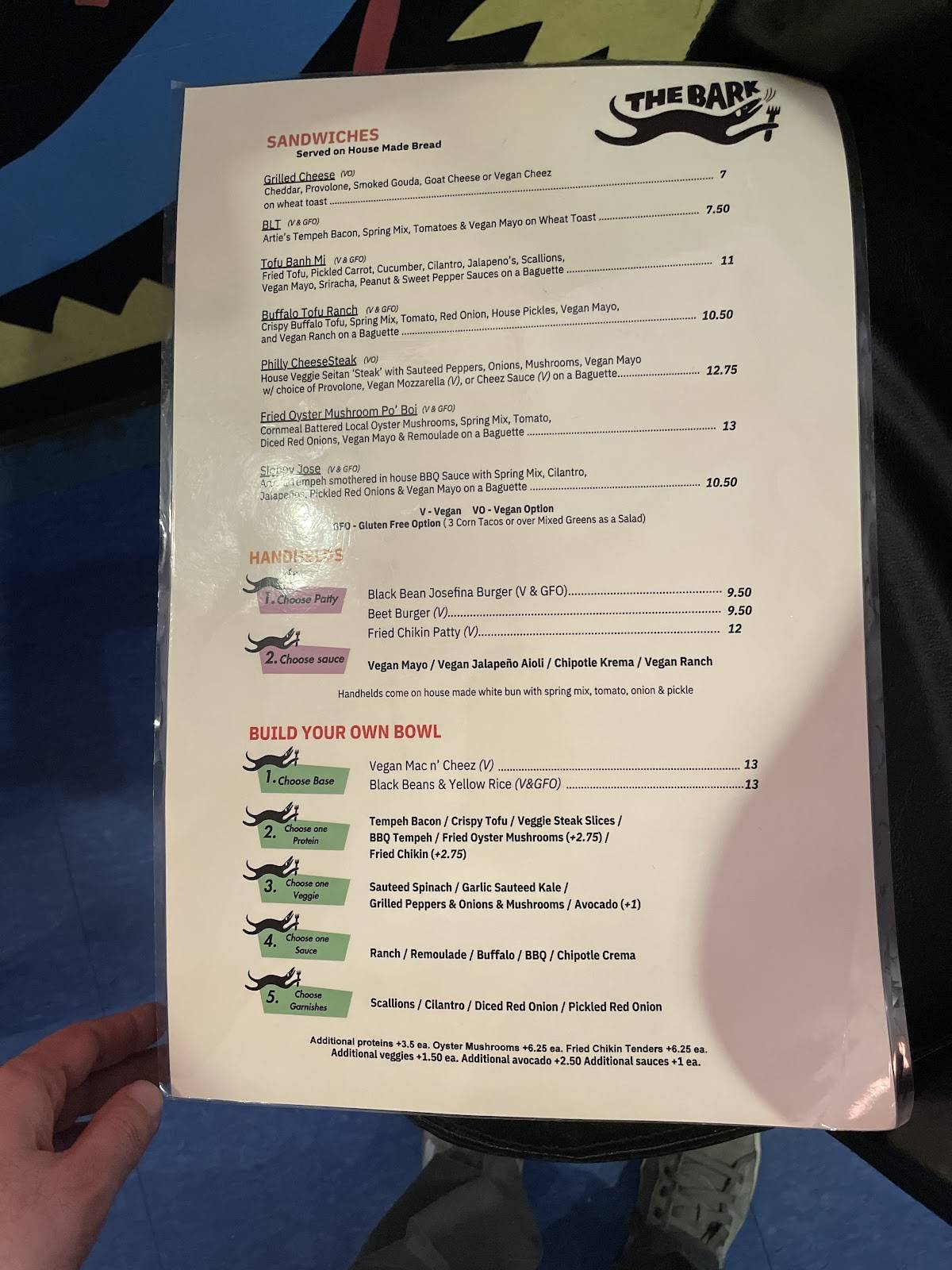 Menu at The Bark, Tallahassee