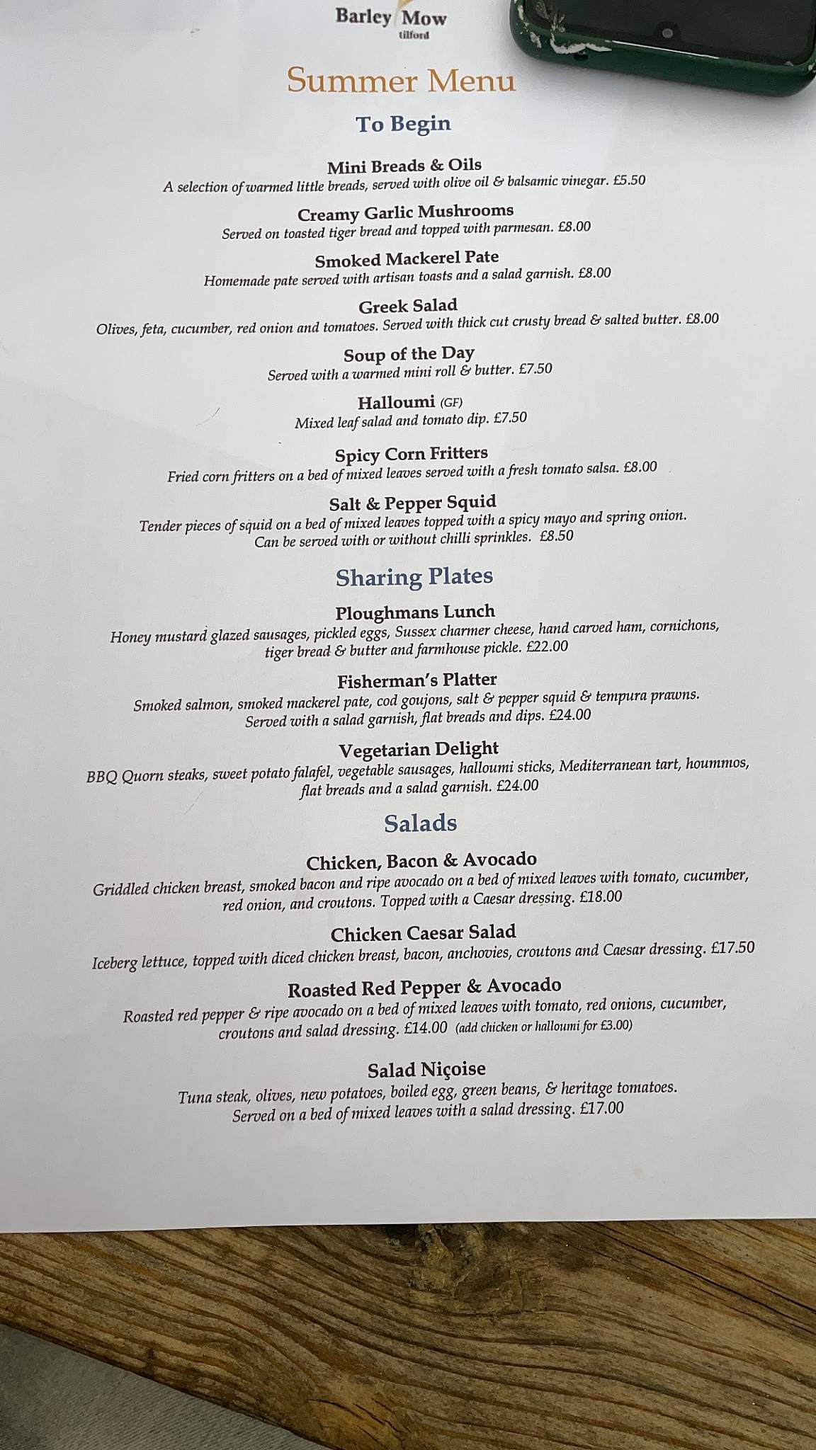 Menu at The Barley Mow Tilford, Farnham, Tilford St