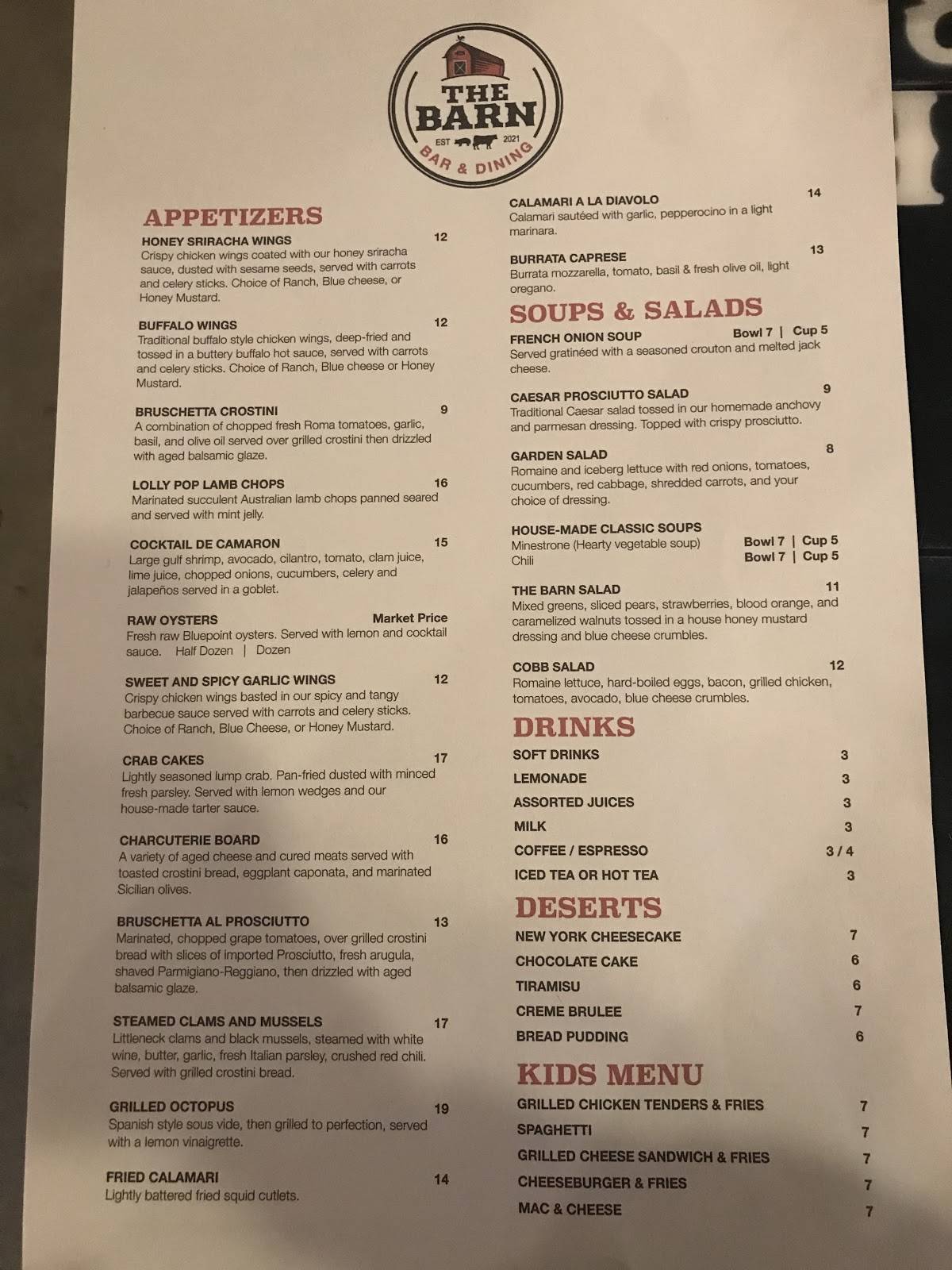 Menu at The Barn - Bar and Dining, Ramona
