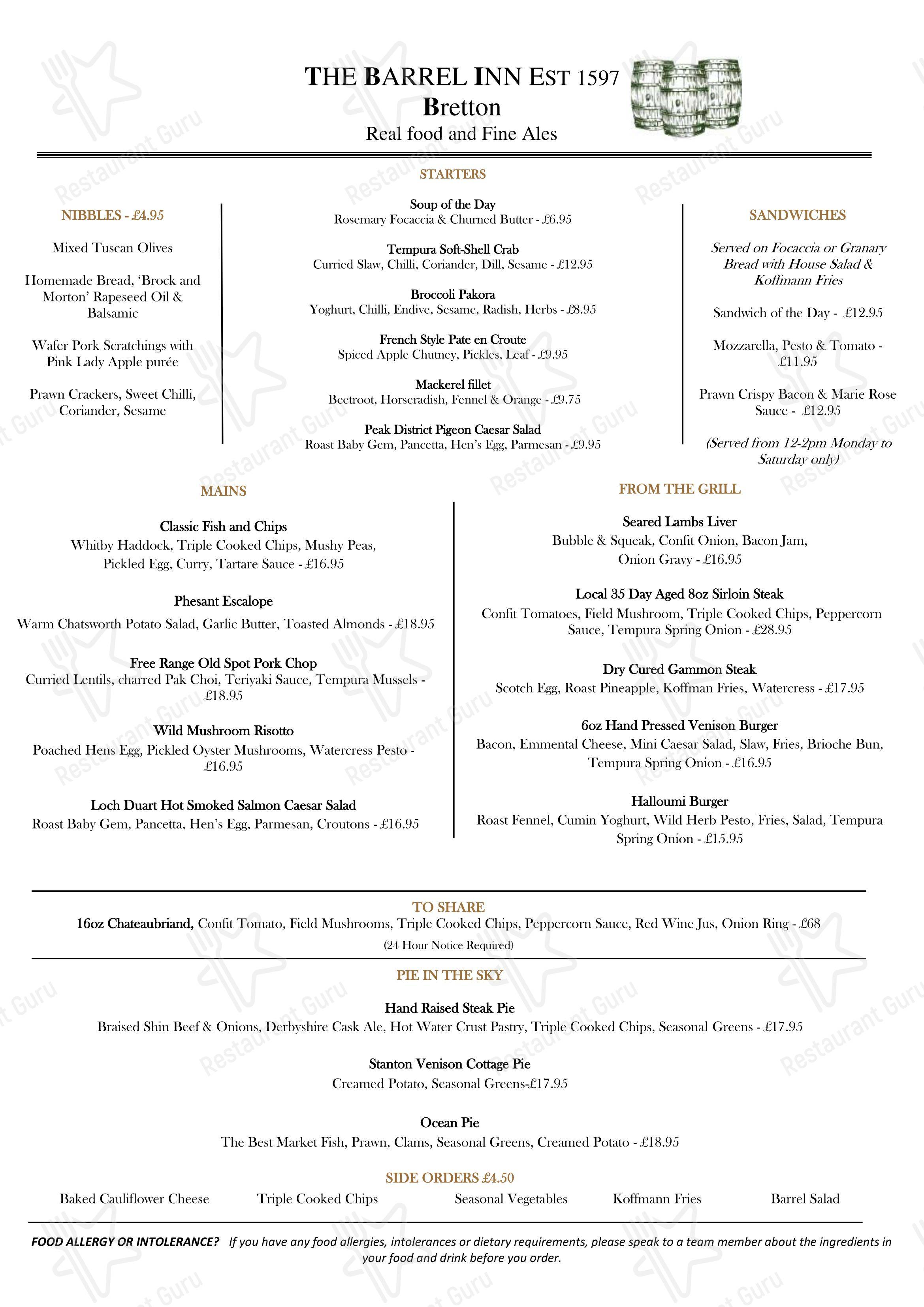 Menu at The Barrel Inn, Eyam