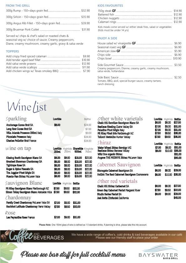 Menu at The Bayswater Bar and Grill, Urangan