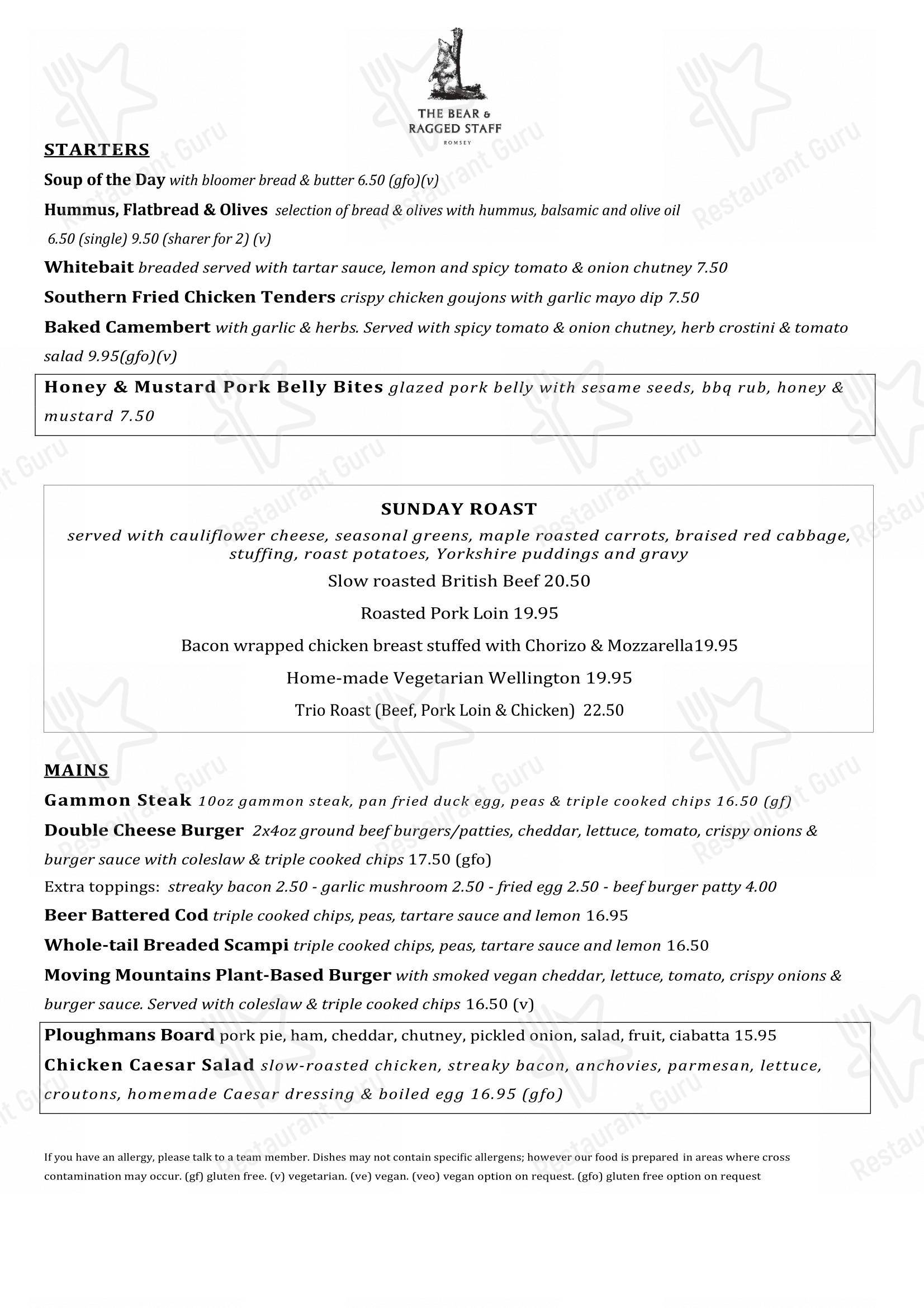Menu at The Bear & Ragged Staff, Romsey pub & bar, Romsey