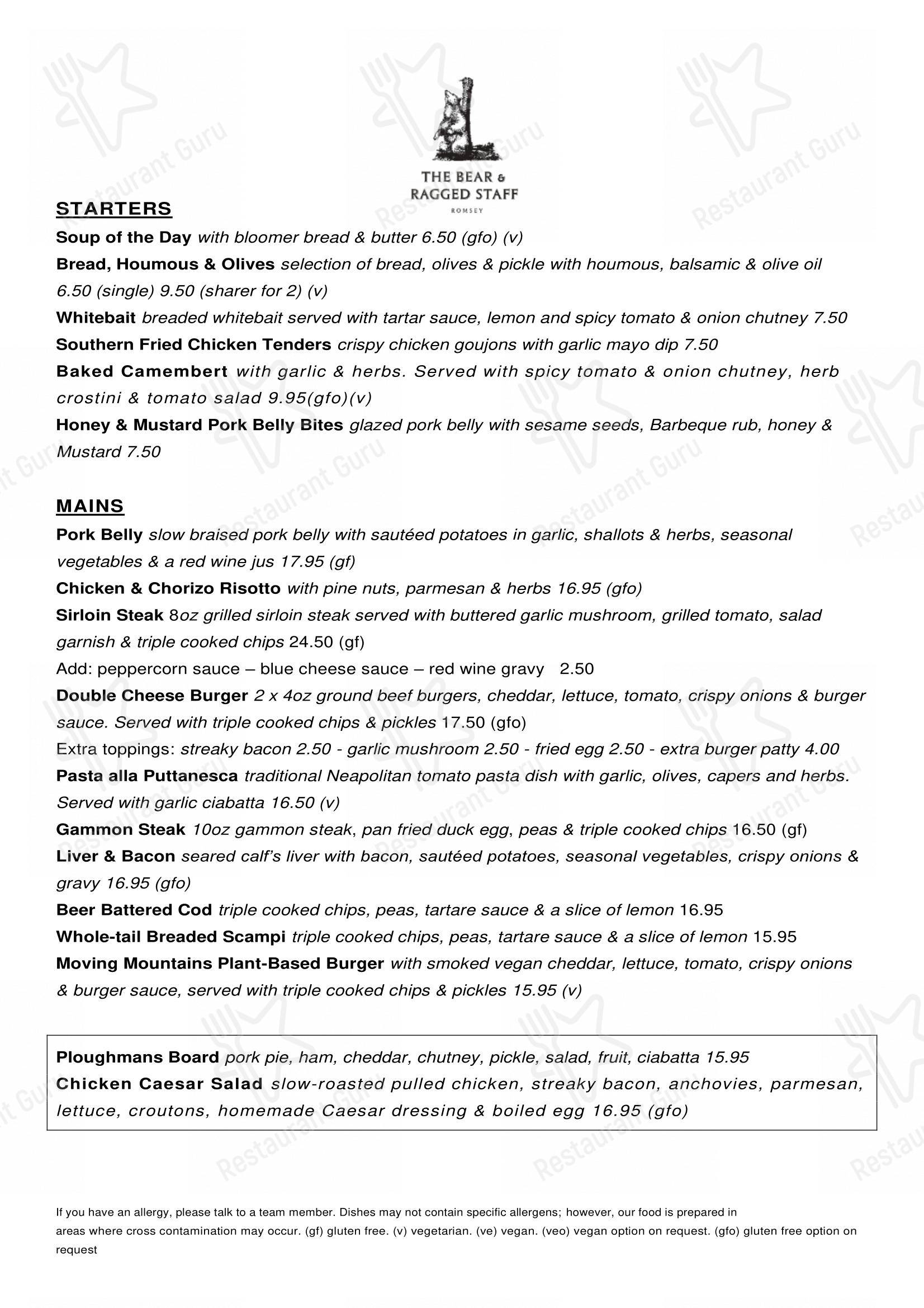 Menu at The Bear & Ragged Staff, Romsey pub & bar, Romsey