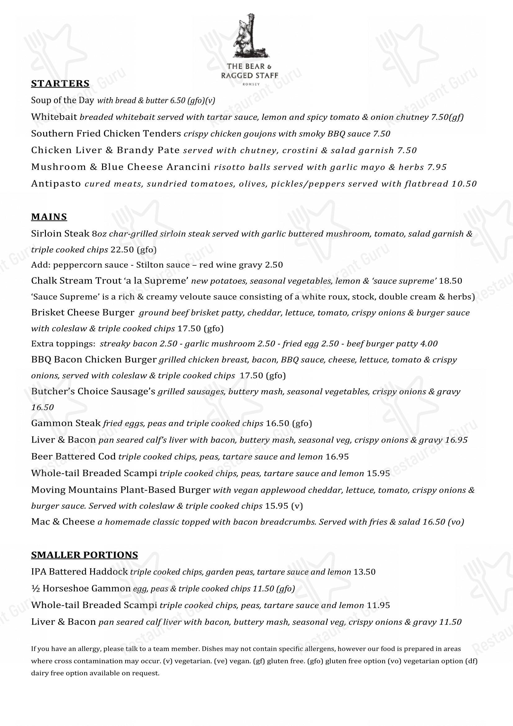 Menu at The Bear & Ragged Staff, Romsey pub & bar, Romsey
