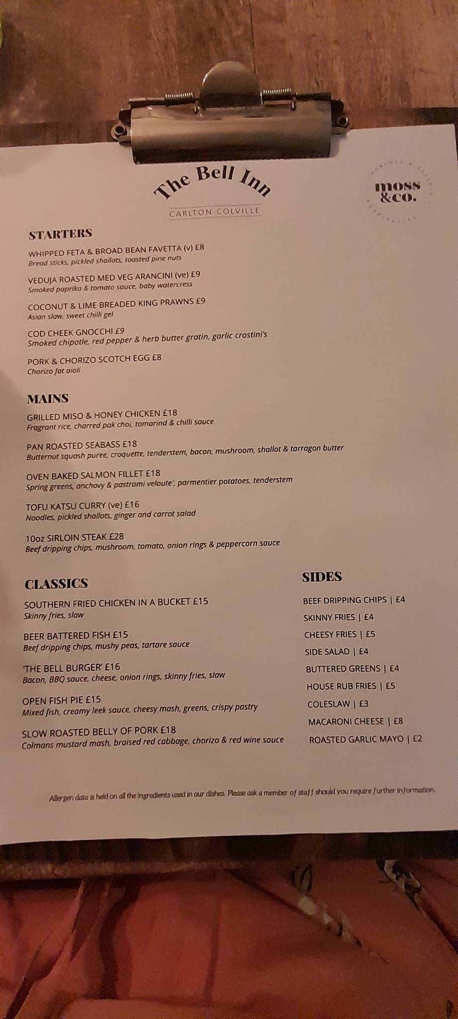 Menu at The Bell Inn pub & bar, Lowestoft