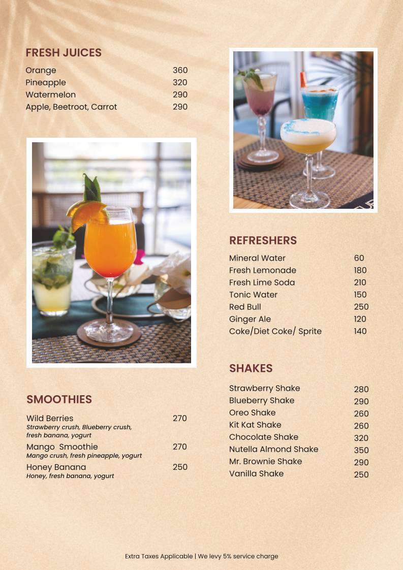Menu at The Bend, Dehradun