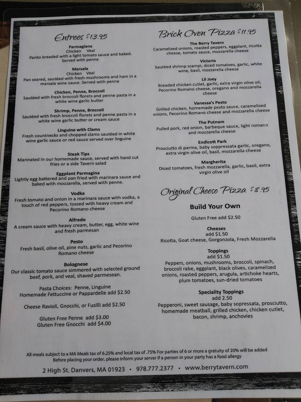 Menu at The Berry Tavern pub & bar, Danvers