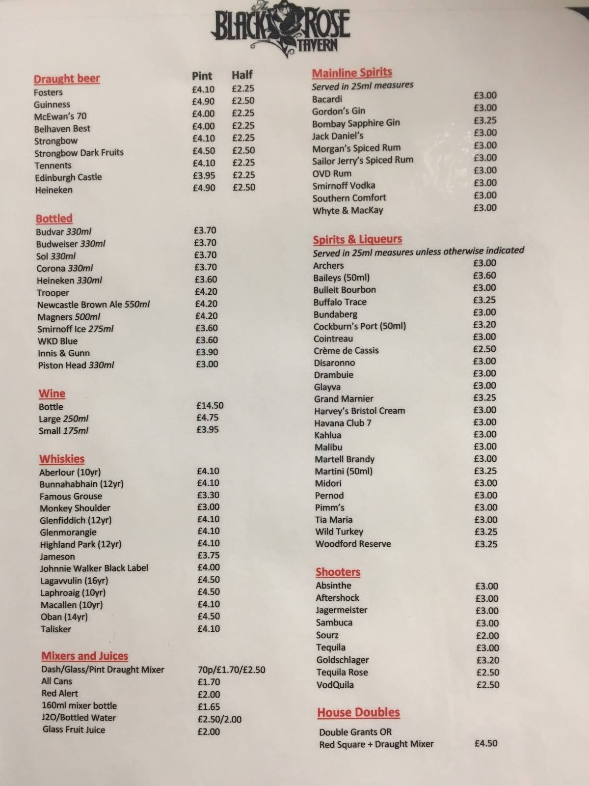 Menu at The Black Rose Tavern pub & bar, Edinburgh