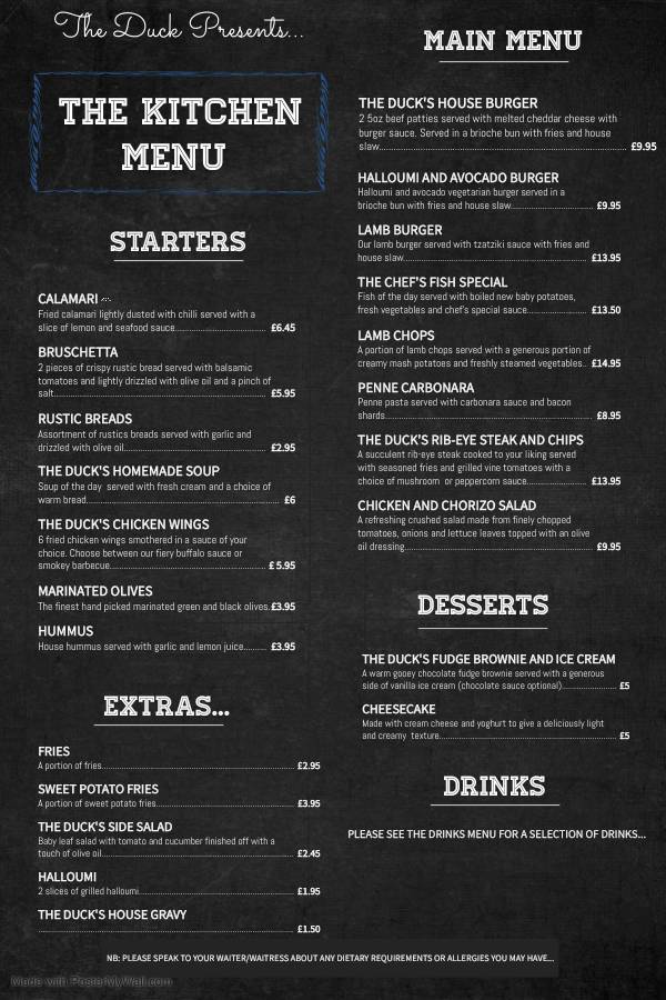 Menu at The Blue Duck Wembley restaurant, Wembley