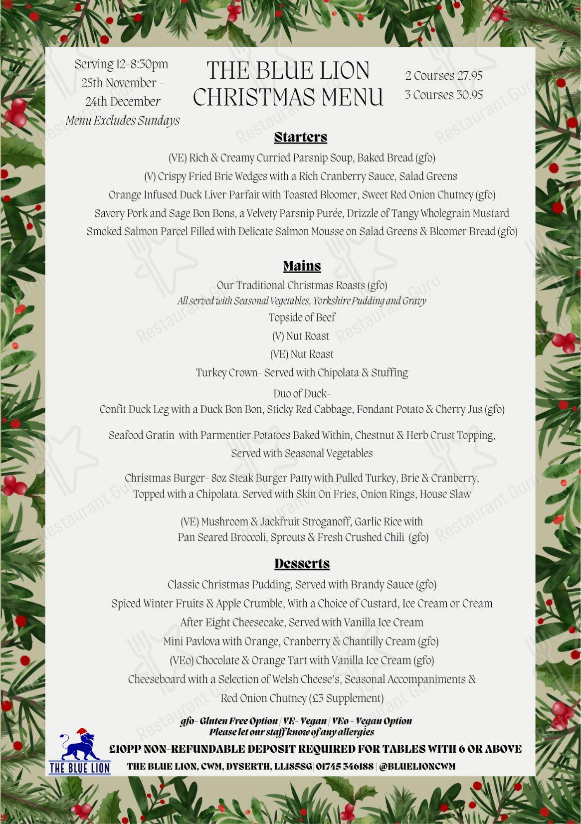 Menu at The Blue Lion Inn Cwm restaurant, Dyserth, Cwm Dyserth