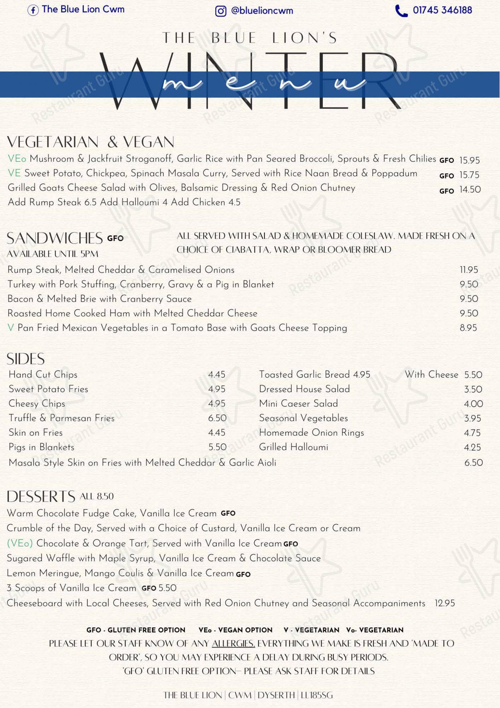 Menu at The Blue Lion Inn Cwm restaurant, Dyserth, Cwm Dyserth