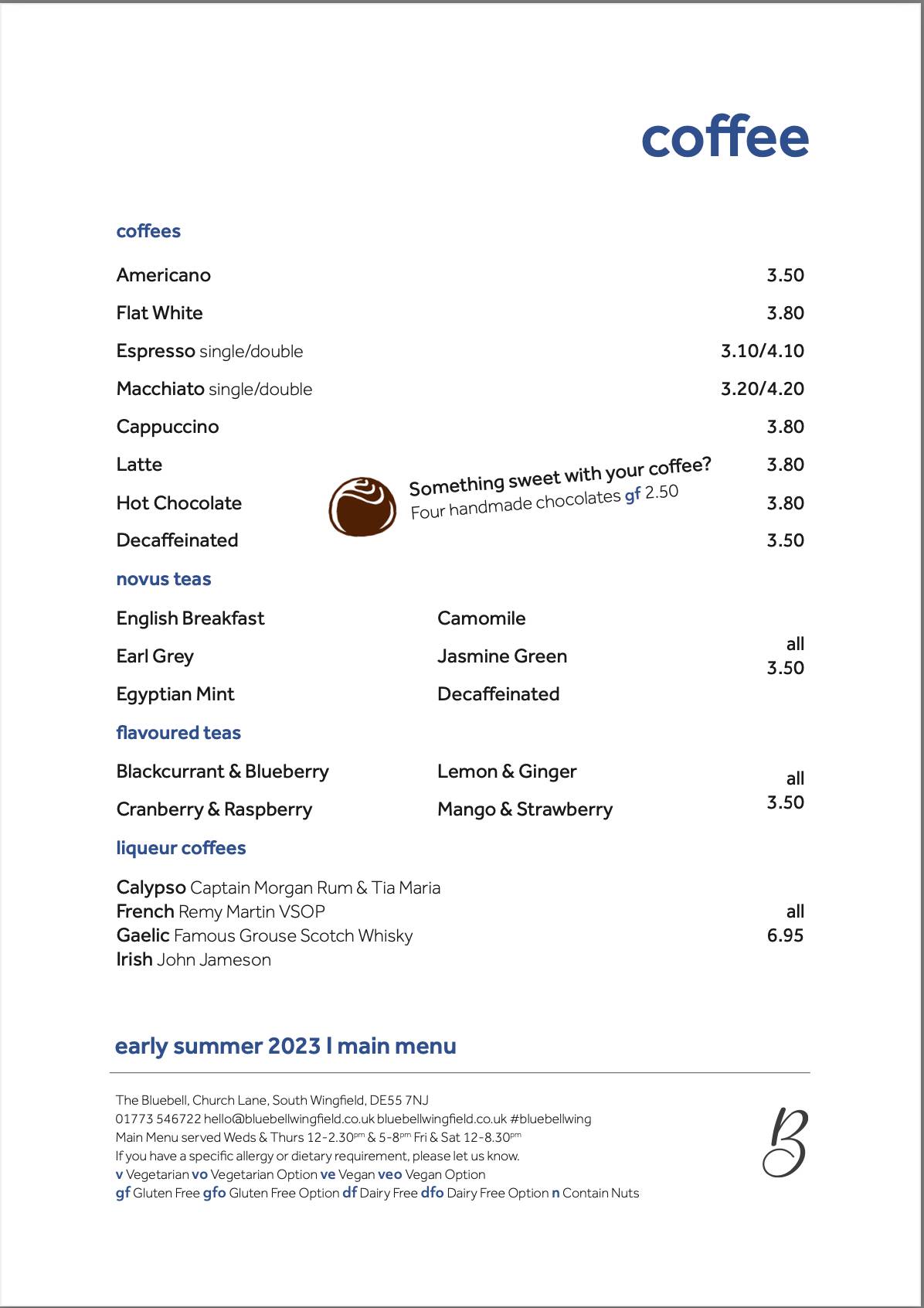 Menu at The Bluebell restaurant, Alfreton
