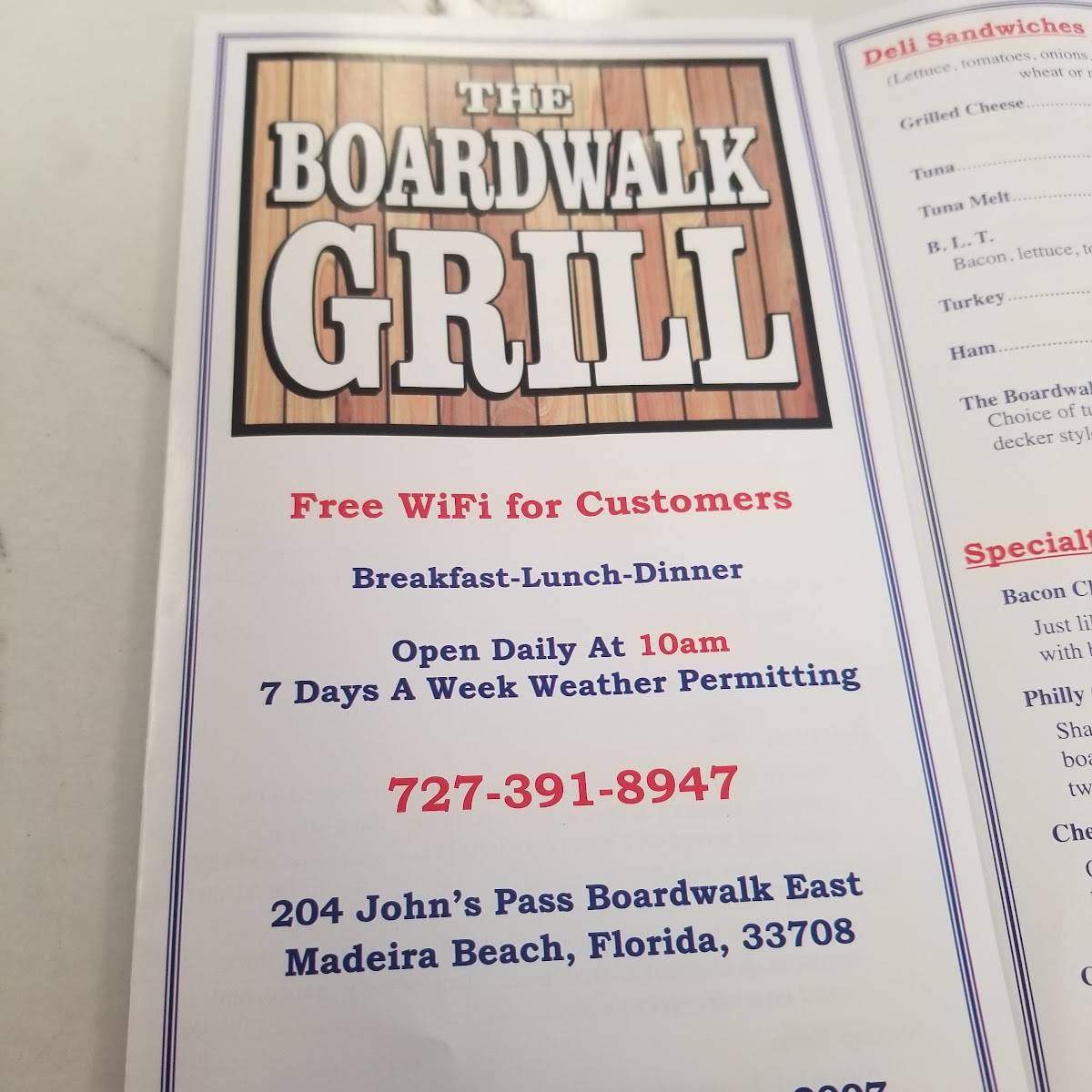 Menu at The Boardwalk Grill restaurant, Madeira Beach, 204 johns pass boardwalk