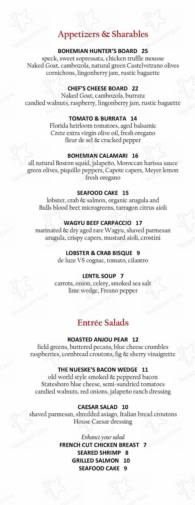 Menu at The Boheme pub & bar, Orlando, Grand Bohemian Hotel Orlando
