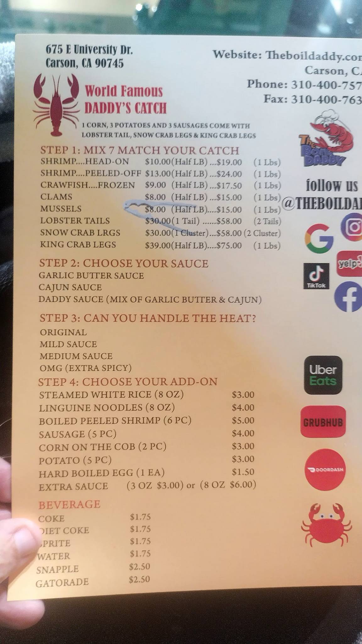 Menu at The Boil Daddy - Carson restaurant, Carson