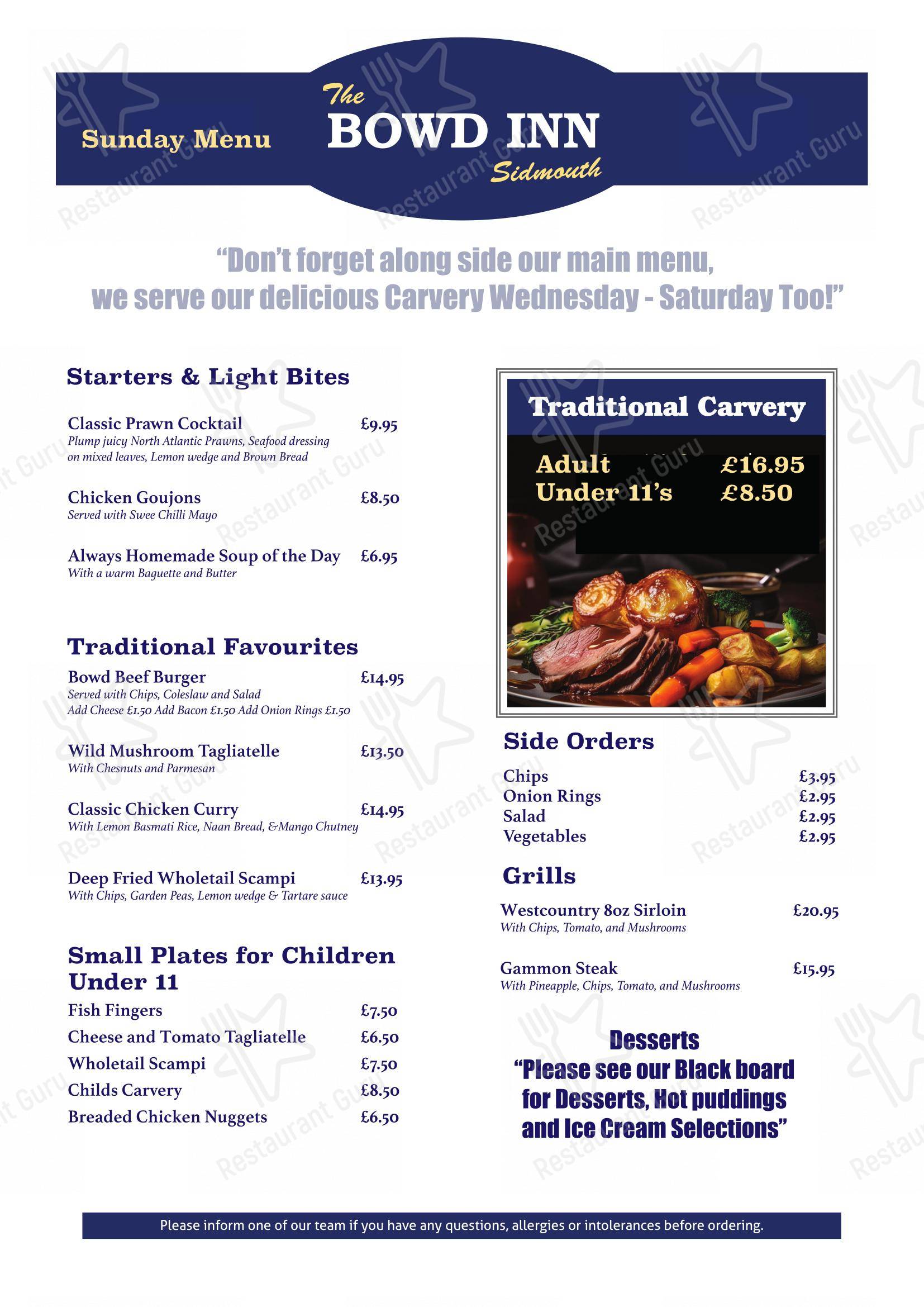 Menu at The Bowd Inn pub & bar, Sidmouth, A3052