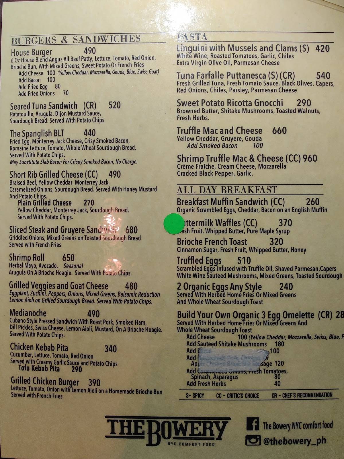 Menu at The Bowery restaurant, Taguig