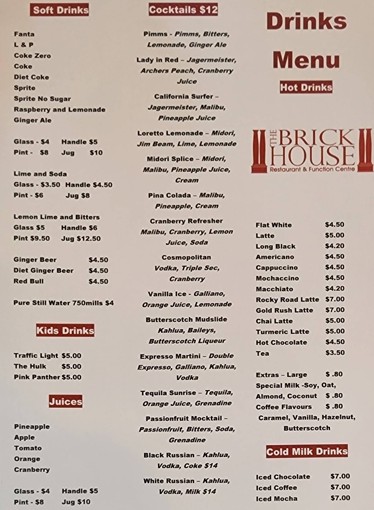 Menu at The Brick House Restaurant & Function Centre, Whanganui