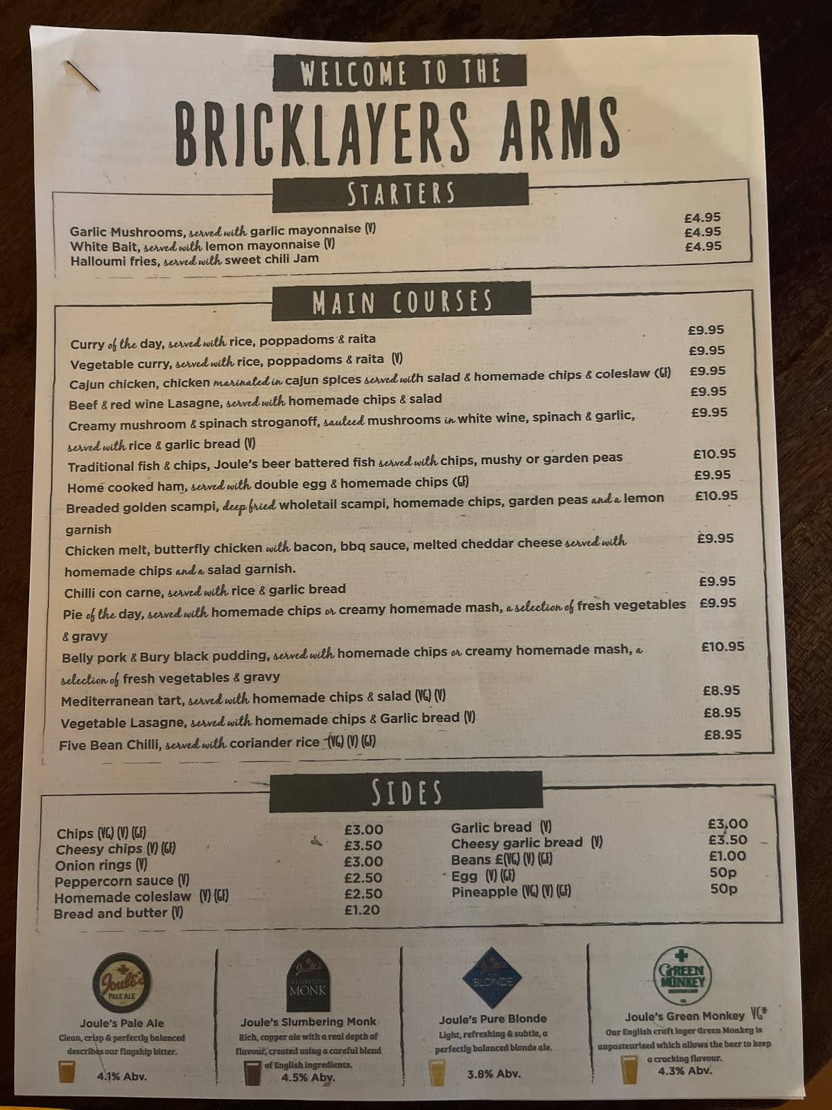 Menu at The Bricklayers Arms pub & bar, Shrewsbury, The Bricklayers Arms