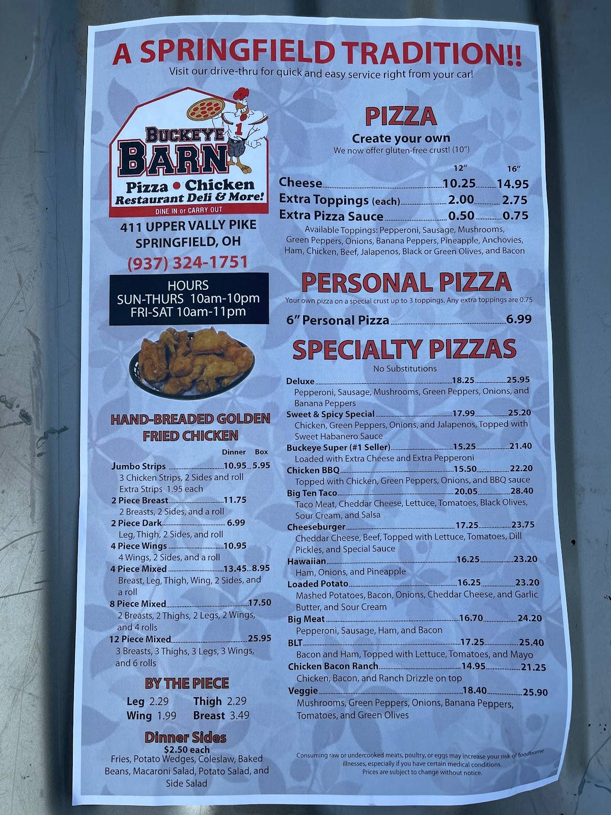 Menu at The Buckeye Barn, Springfield