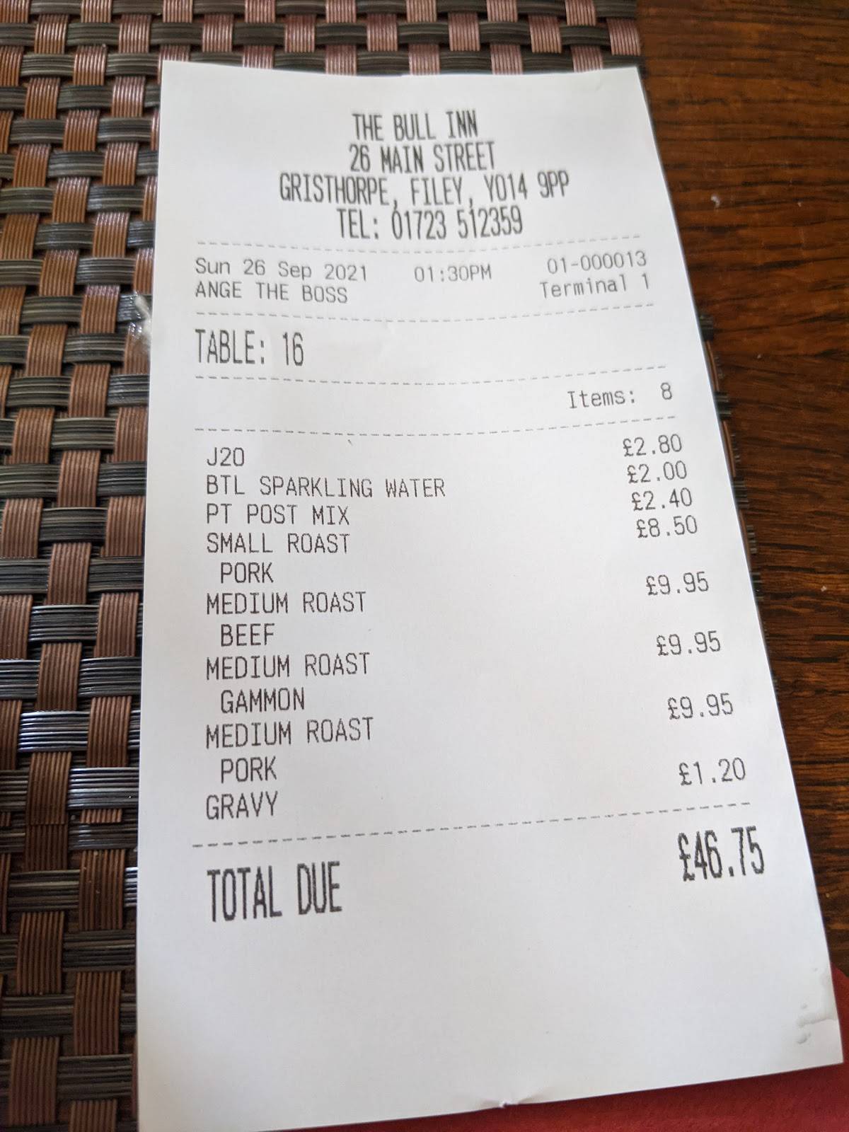 Menu at The Bull Inn pub & bar, Filey, 26 Main St