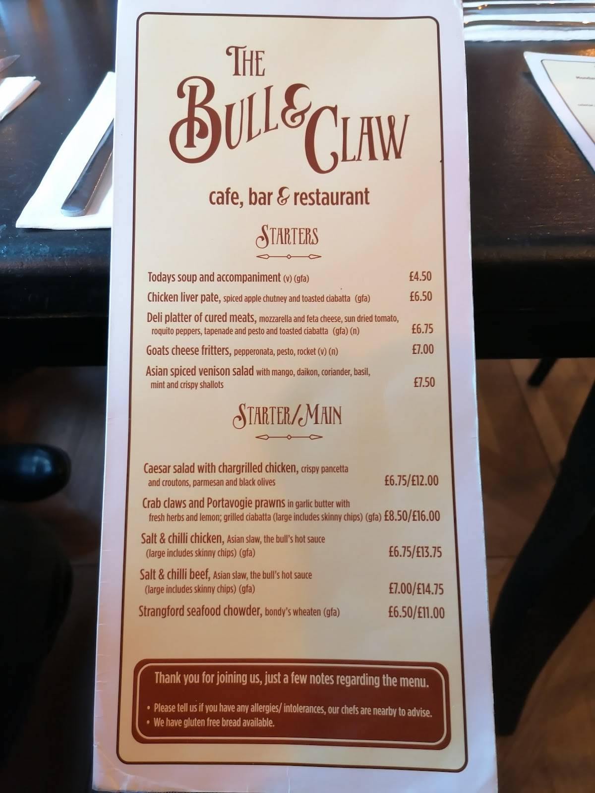 Menu at The Bull & Claw Donaghadee restaurant, Donaghadee