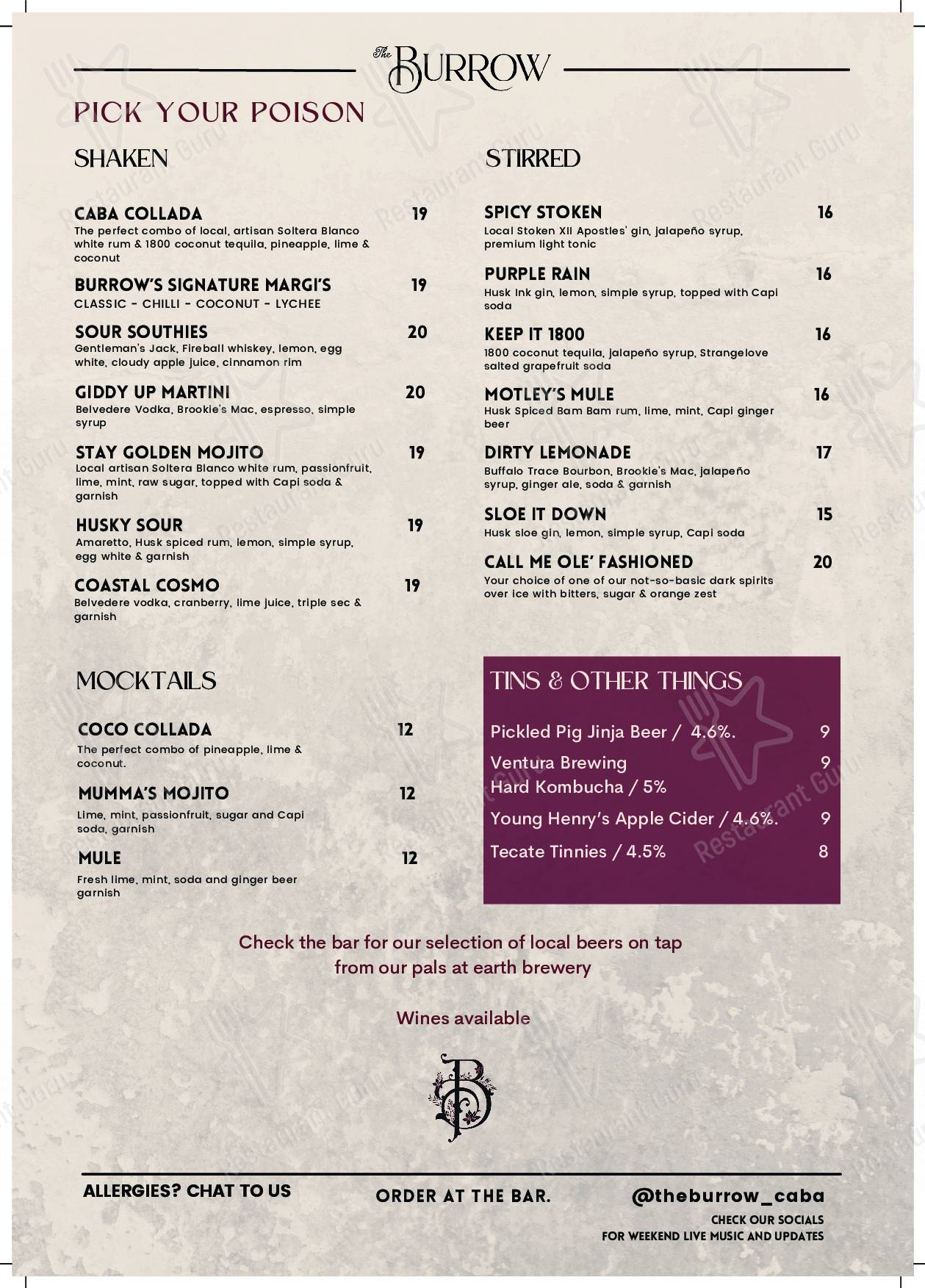 Menu at The Burrow Cabarita Beach, Bogangar
