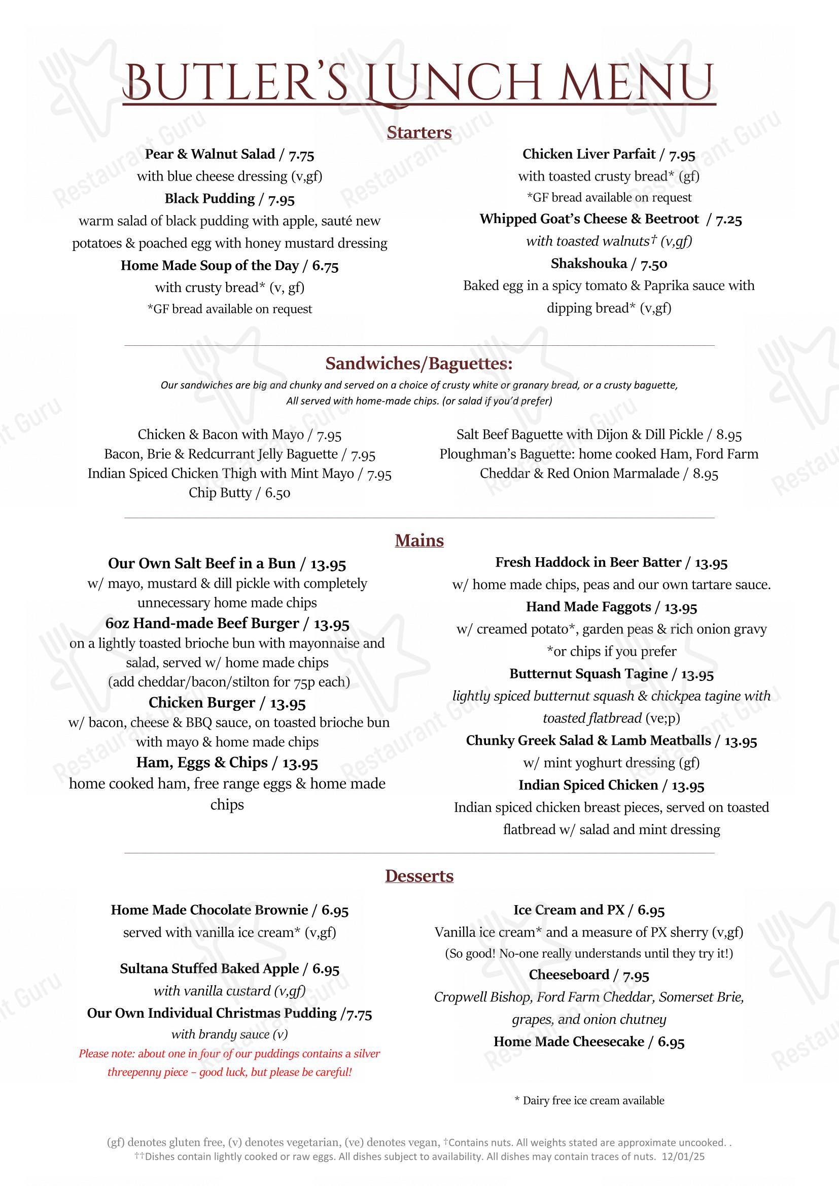 Menu at The Butlers Arms pub & bar, Sutton Coldfield