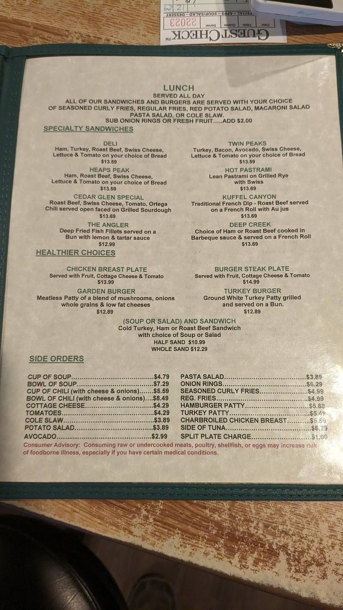 Menu at The Cedar Glen Inn restaurant, Lake Arrowhead