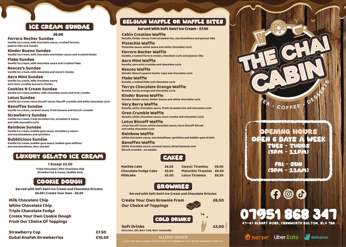 Menu at The Chai Cabin desserts, Bolton