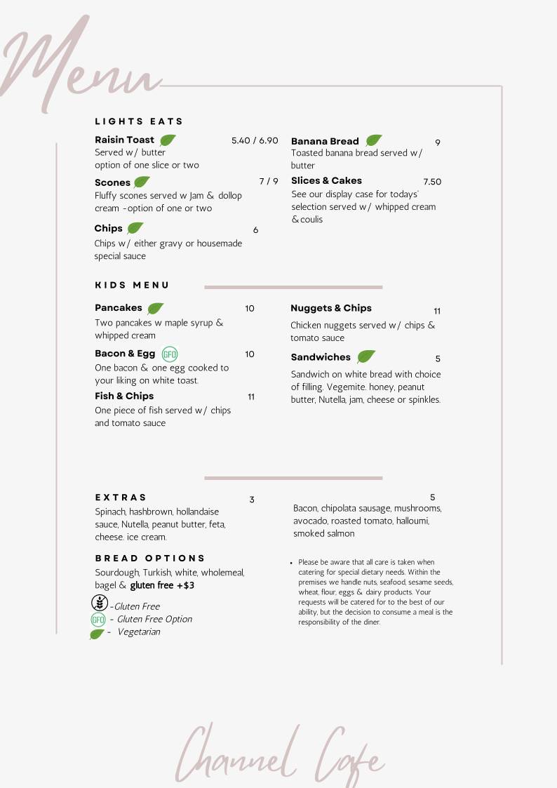 Menu at The Channel Cafe, Swansea