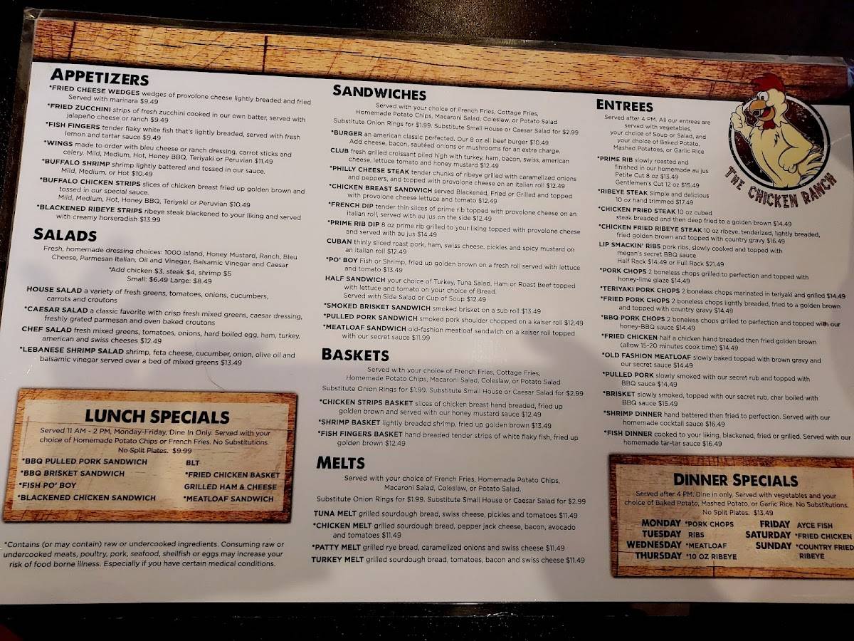 Menu at The Chicken Ranch restaurant, Surprise
