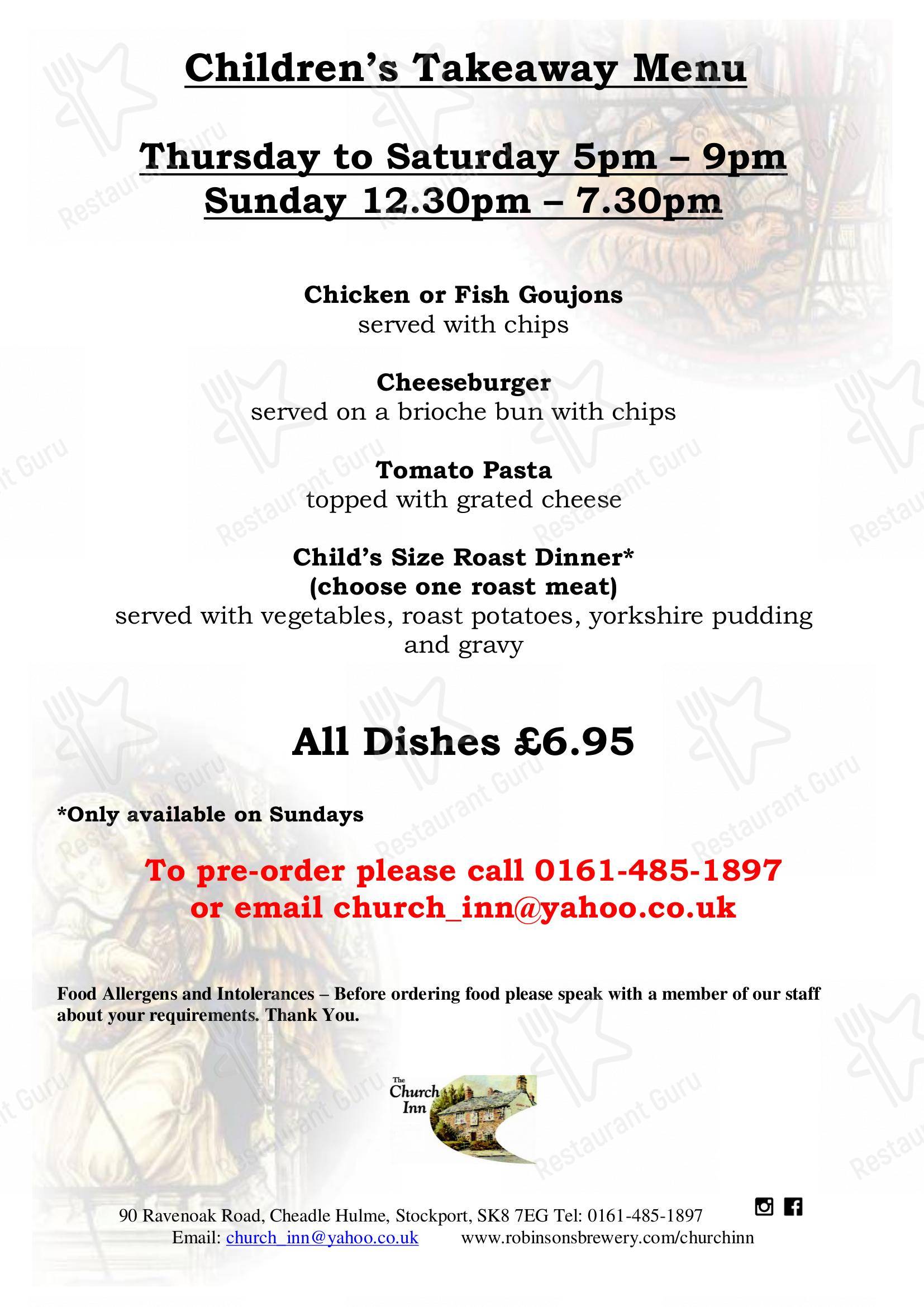 Menu at The Church Inn pub & bar, Cheadle, 90 Ravenoak Rd