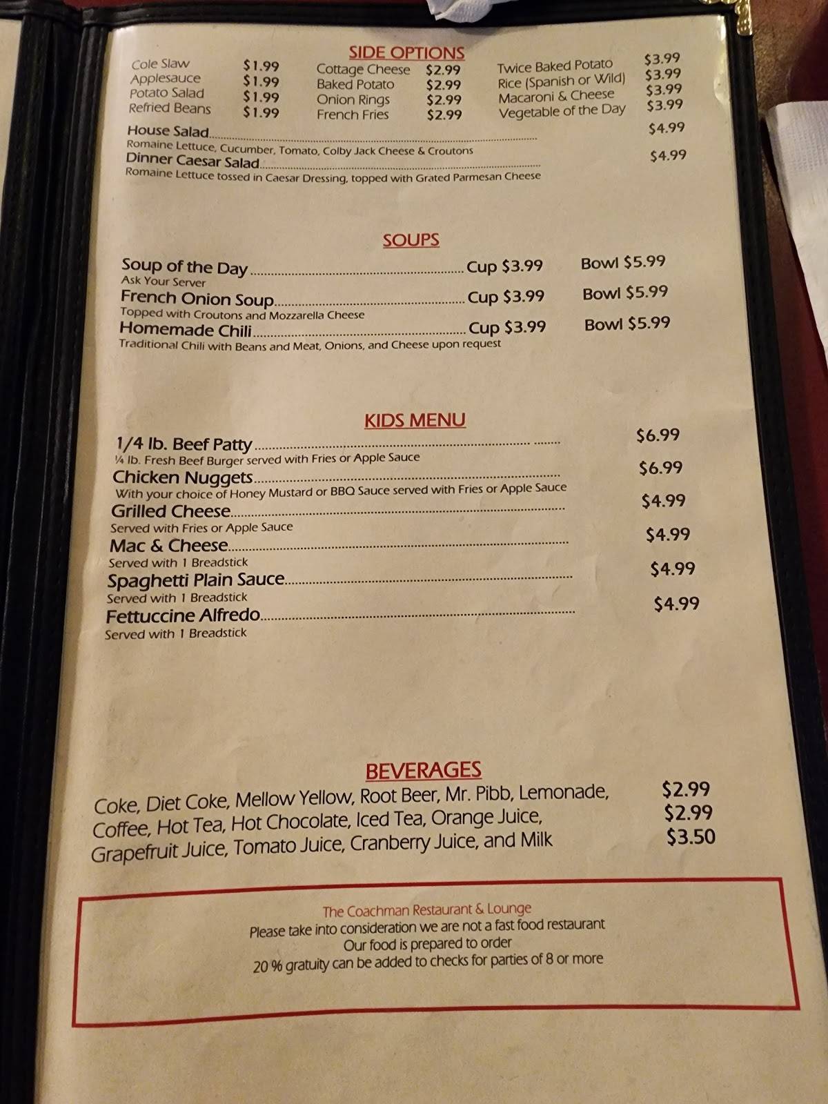 Menu at The Coachman Restaurant and Lounge, Plainfield