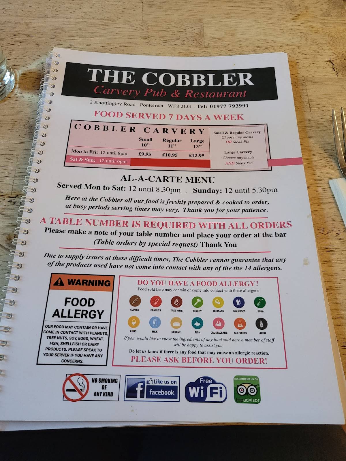 Menu at The Cobbler restaurant, Pontefract