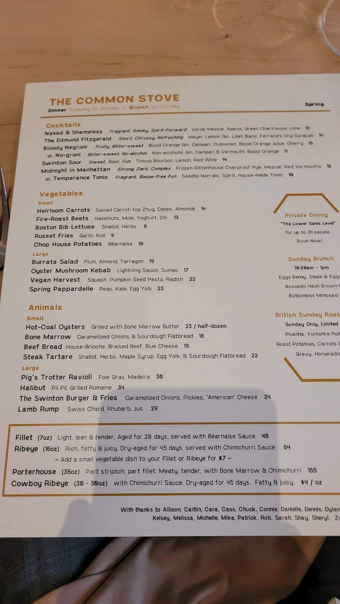 Menu at The Common Stove steakhouse, Orillia