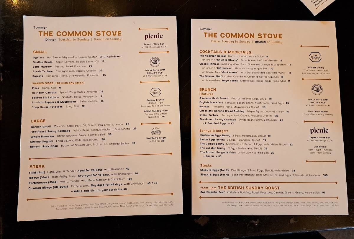 Menu at The Common Stove steakhouse, Orillia