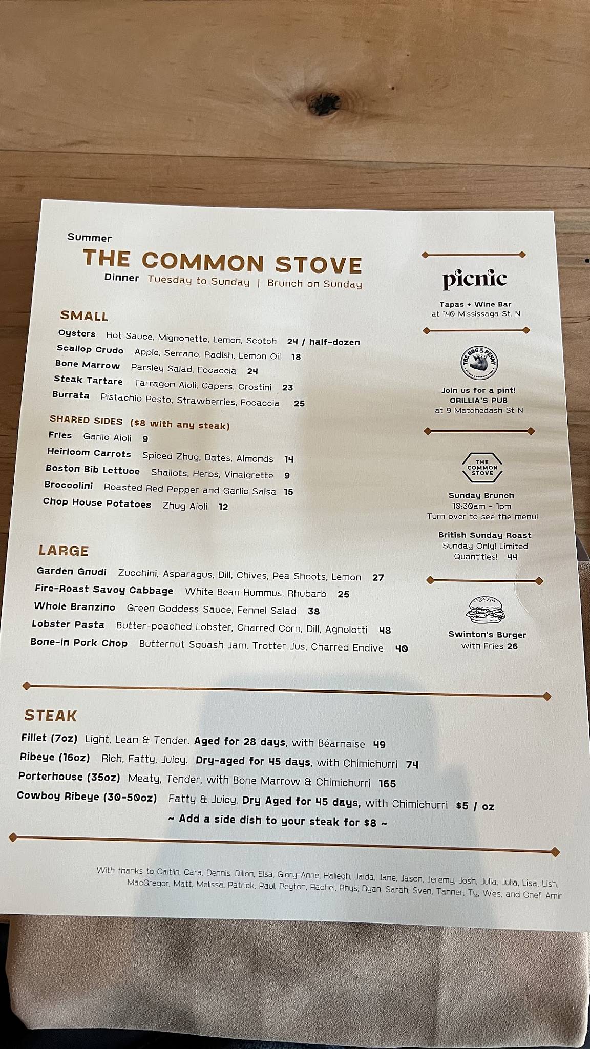 Menu at The Common Stove steakhouse, Orillia