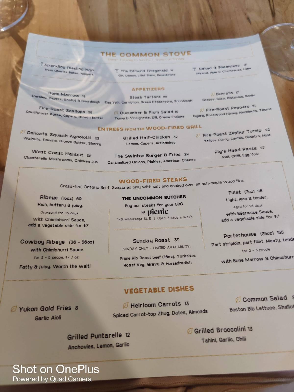 Menu at The Common Stove steakhouse, Orillia