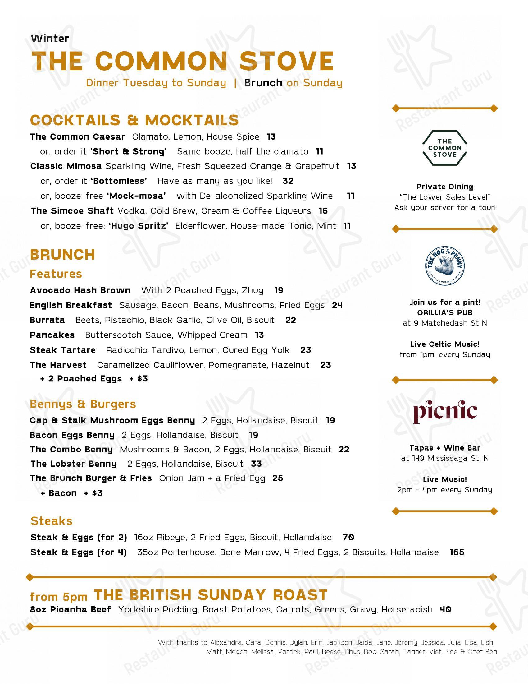 Menu at The Common Stove steakhouse, Orillia