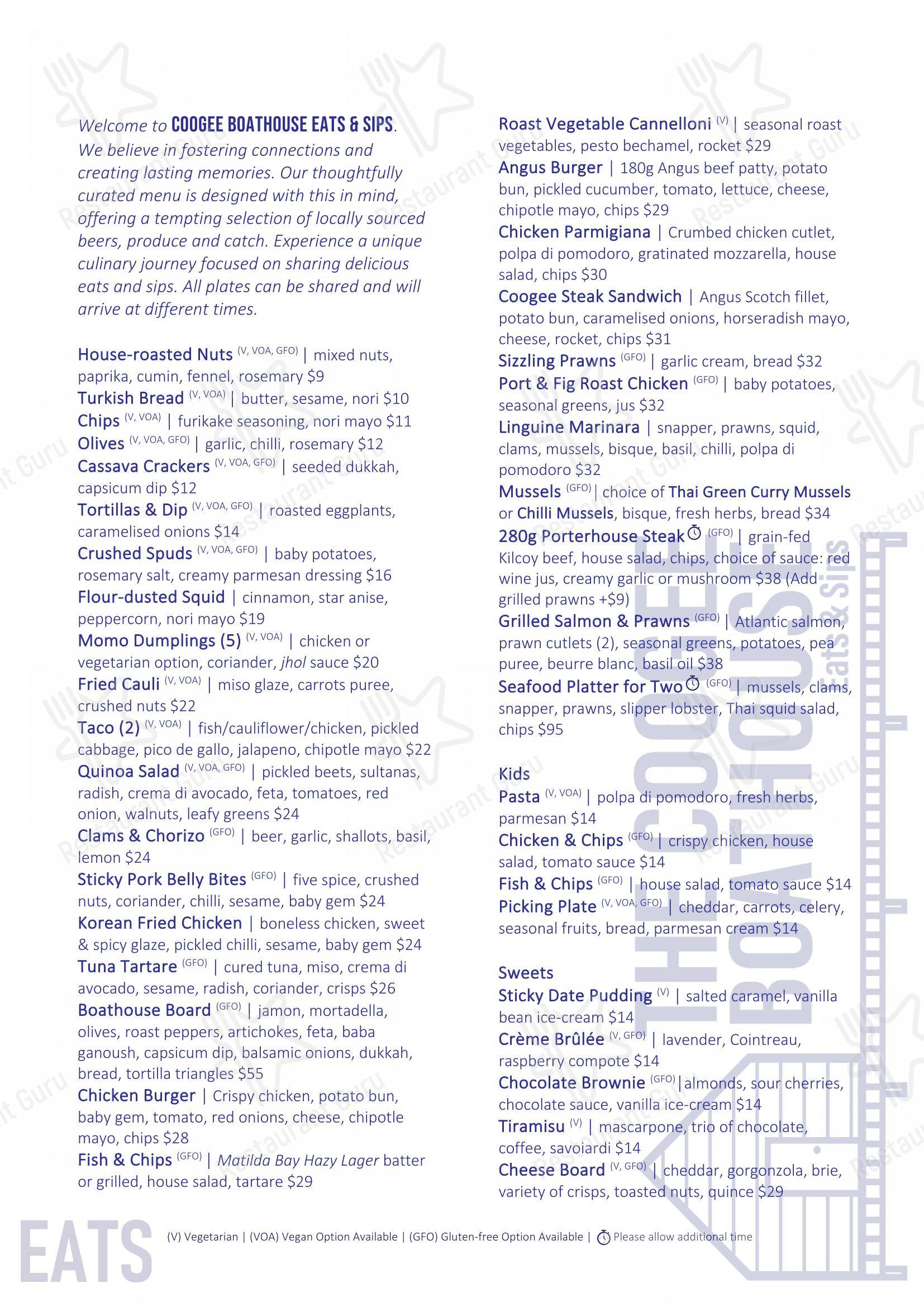 Menu at The Coogee Boathouse Eats & Sips pub & bar, North Coogee