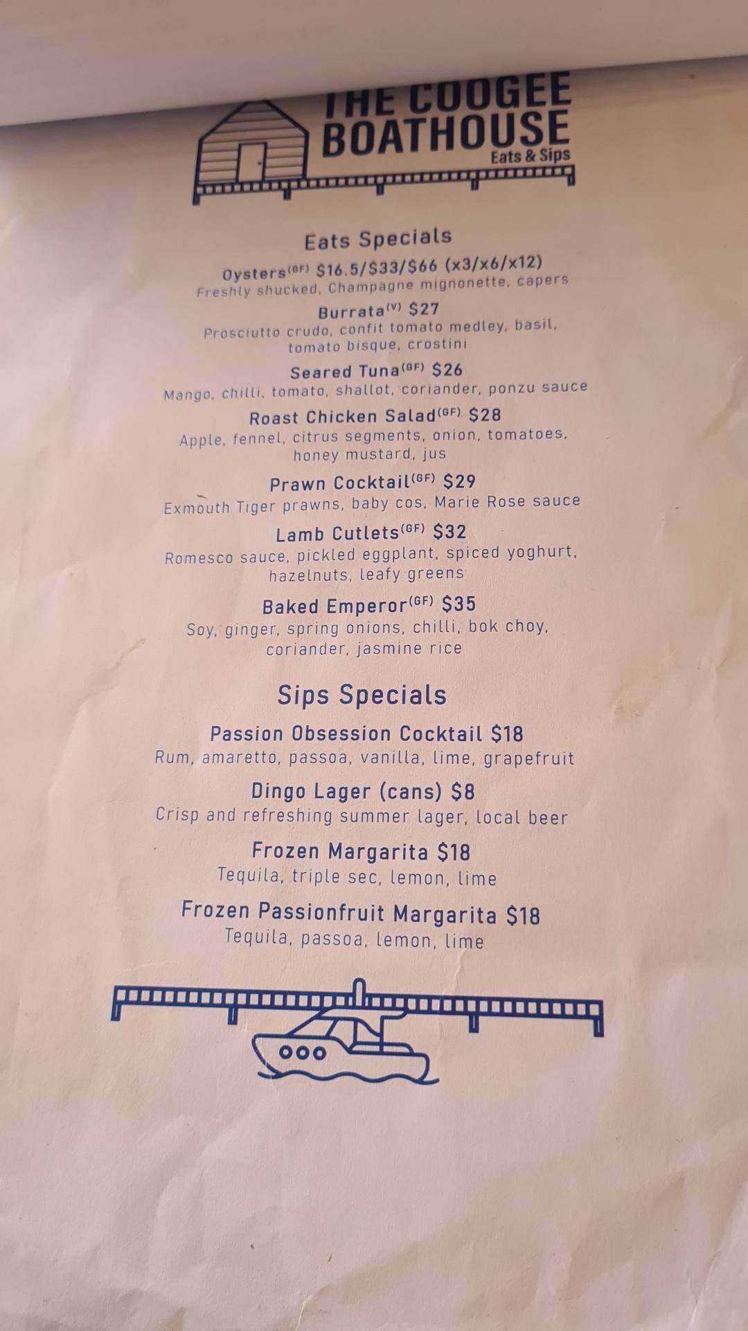 Menu at The Coogee Boathouse Eats & Sips pub & bar, North Coogee